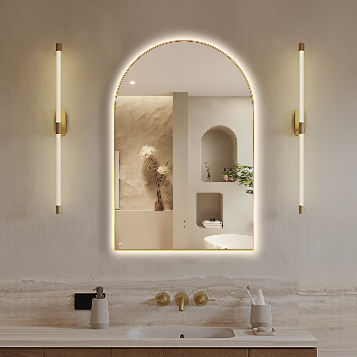 Arched Touchless Back-Lit Brushed Gold LED Mirror - Three Light Temper