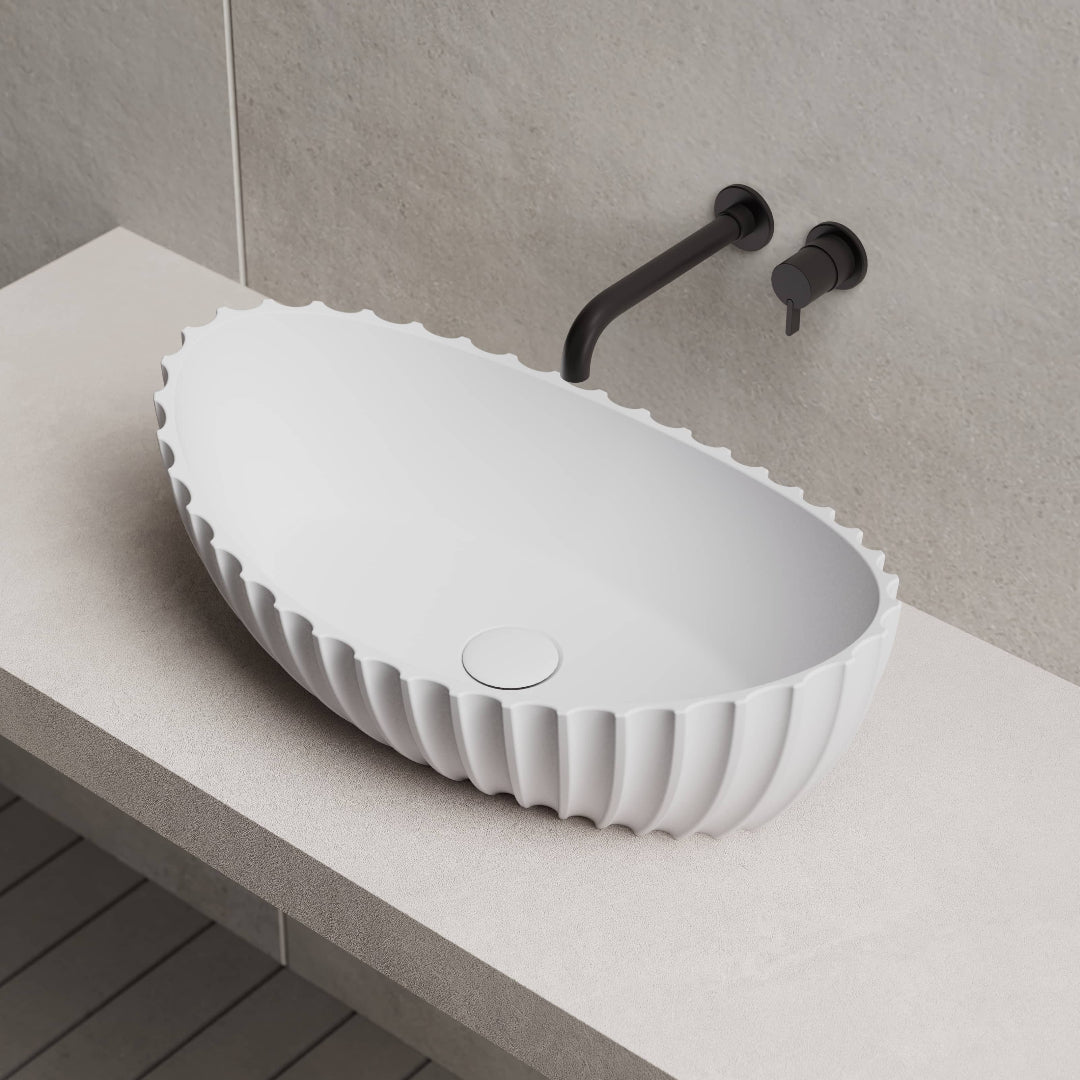 Coral 600mm Solid Surface Stone Fluted Oval Above Counter Basin