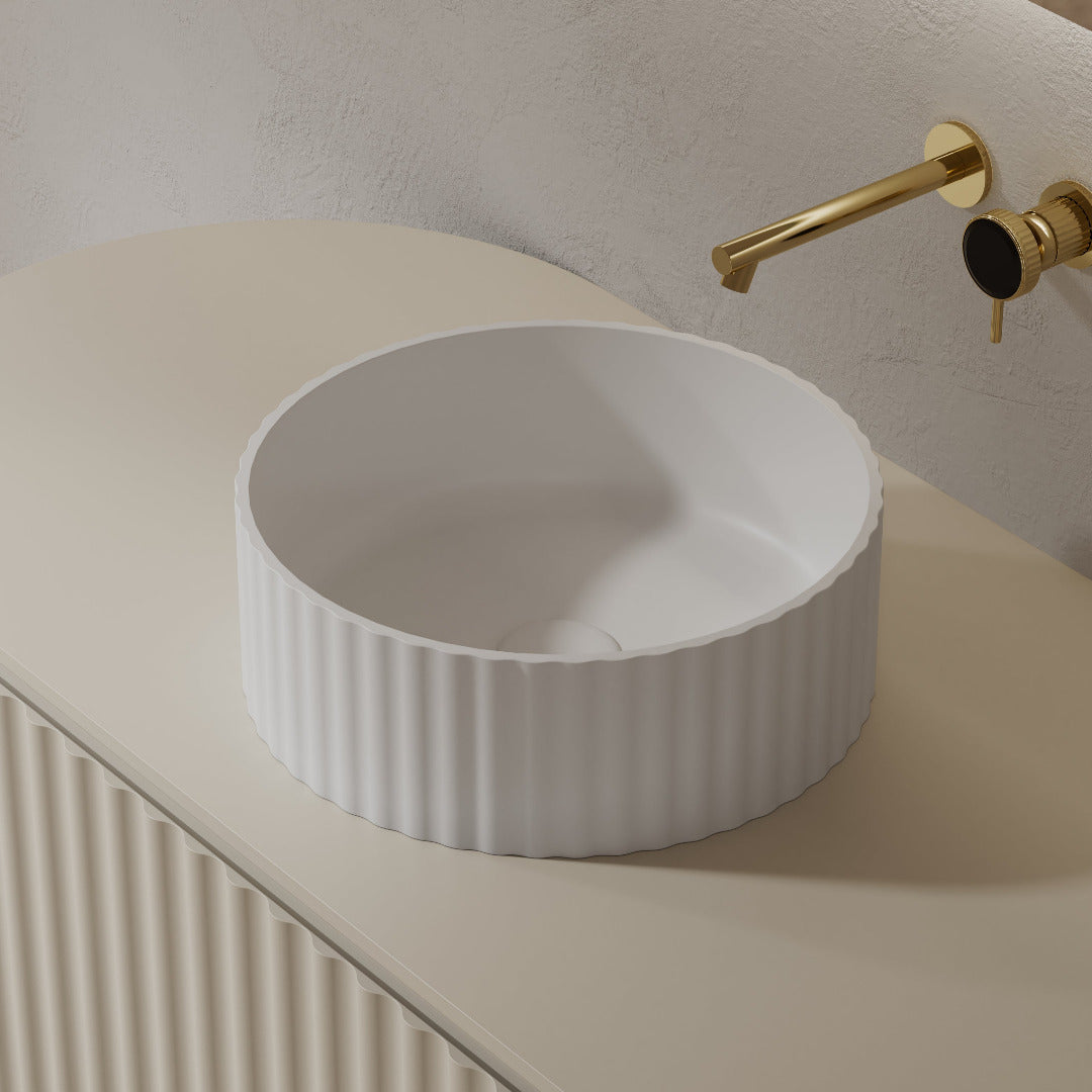 Flora 380mm Matte White Fluted Solid Surface Stone Round Above Counter