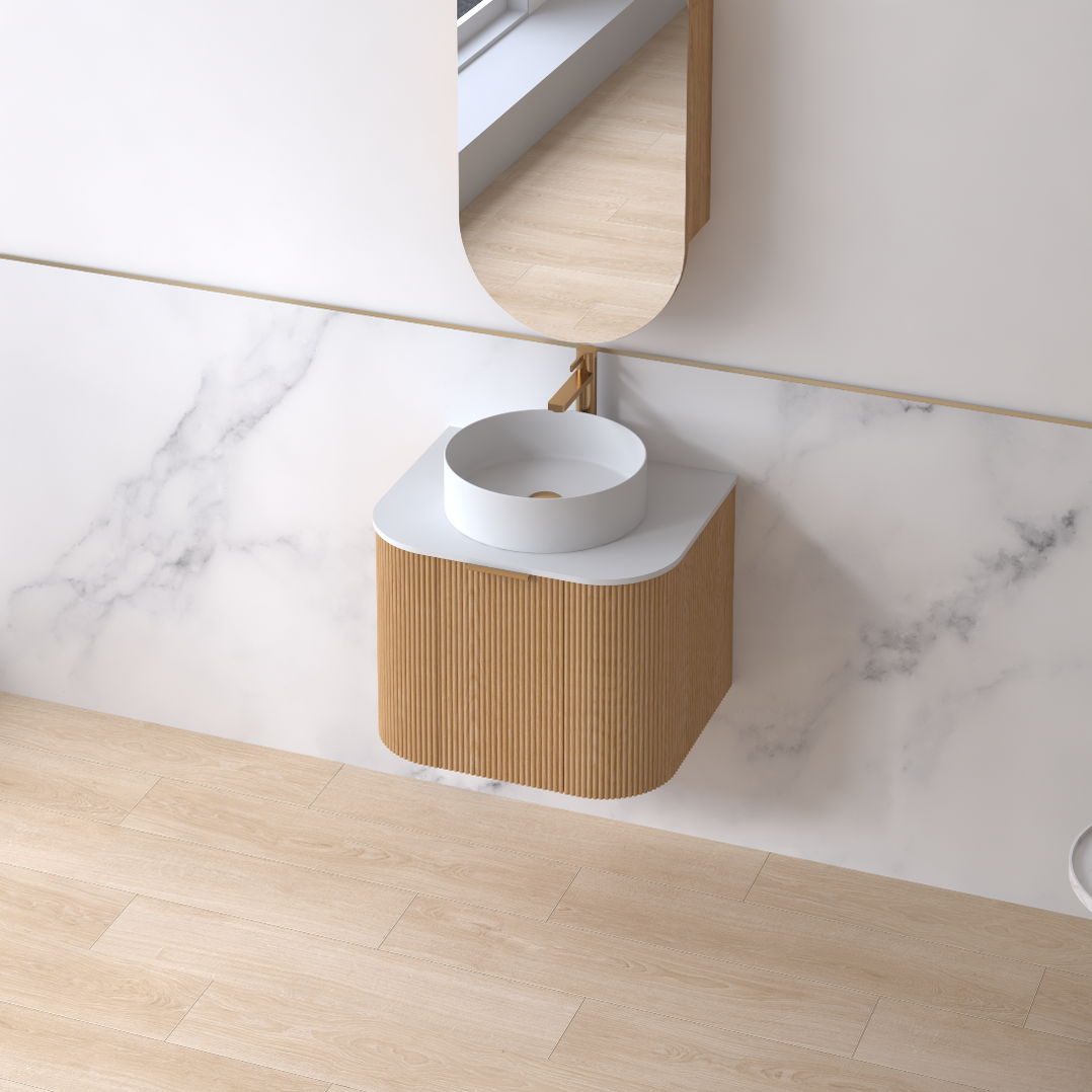 Siena 600 Curved Light Walnut Fluted Wall Hung Vanity | Acqua Bathrooms